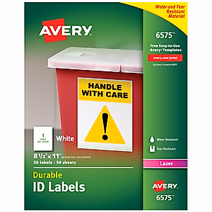 Avery Durable White Cover Up ID Labels for Laser Printers, 8.5" x 11", Pack of 50 (6575)