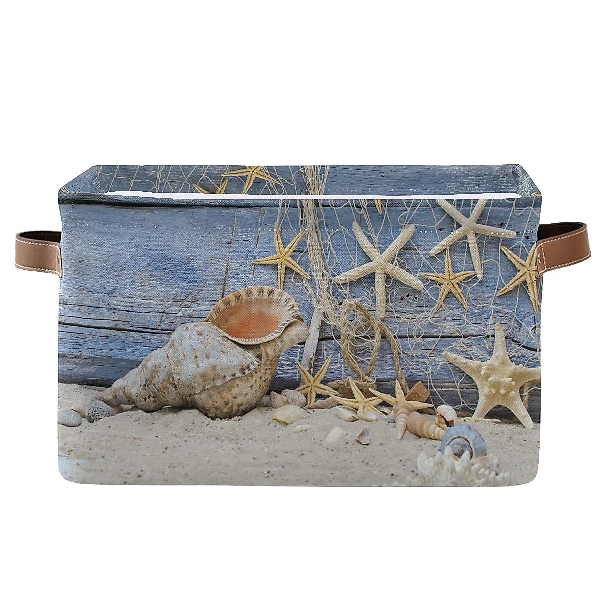 TropicalLife Summer Beach Starfish Storage Basket Ocean Sea Storage Bin Box Toys Organizer Shelf Cube with Handles for Kids Room Kitchen Office Nursery