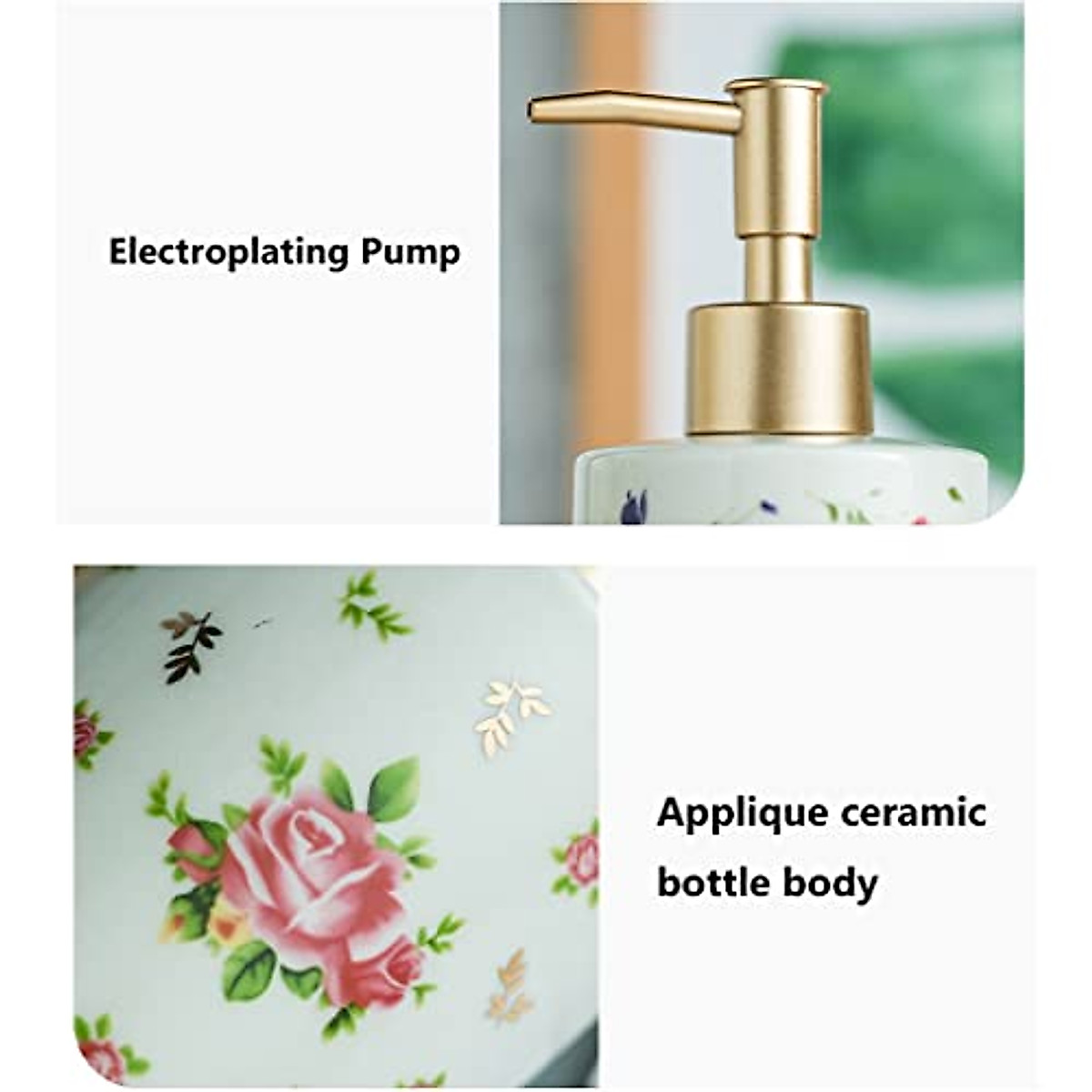 Soap Dispensers Ceramic Soap Dispenser Set with Metal Tray Soap Pump for Kitchen Sink Bathroom Accessory Flower Pattern Set, 10.8oz Lotion Dispenser (Style : Floret)