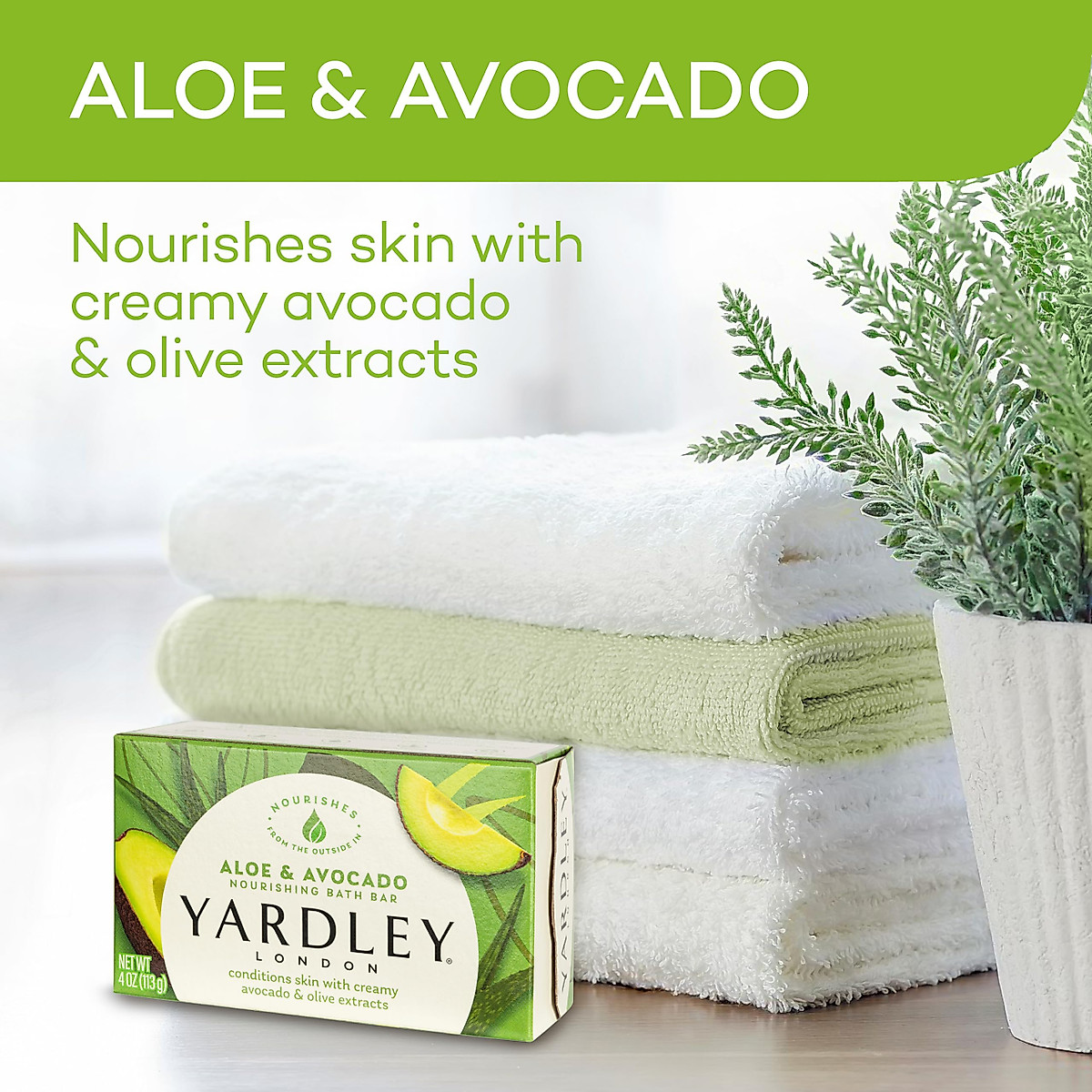 Yardley London Nourishing Bath Soap Bar Aloe & Avocado, Conditions Skin with Creamy Avocado & Olive Extracts, 4.0 oz Bath Bar, 1 Soap Bar