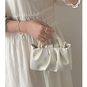 Beatfull Evening Purse Women Pearl Handbags Soft Leather Ruched Bag Bridal Clutch for Wedding Party Prom Crossbody Purses White