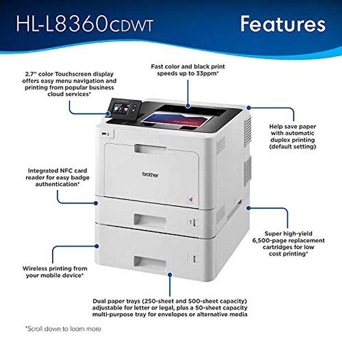 Brother Business Color Laser Printer, HL-L8360CDWT, Wireless Networking, Automatic Duplex /Mobile/ Cloud Printing, Amazon Dash Replenishment Ready