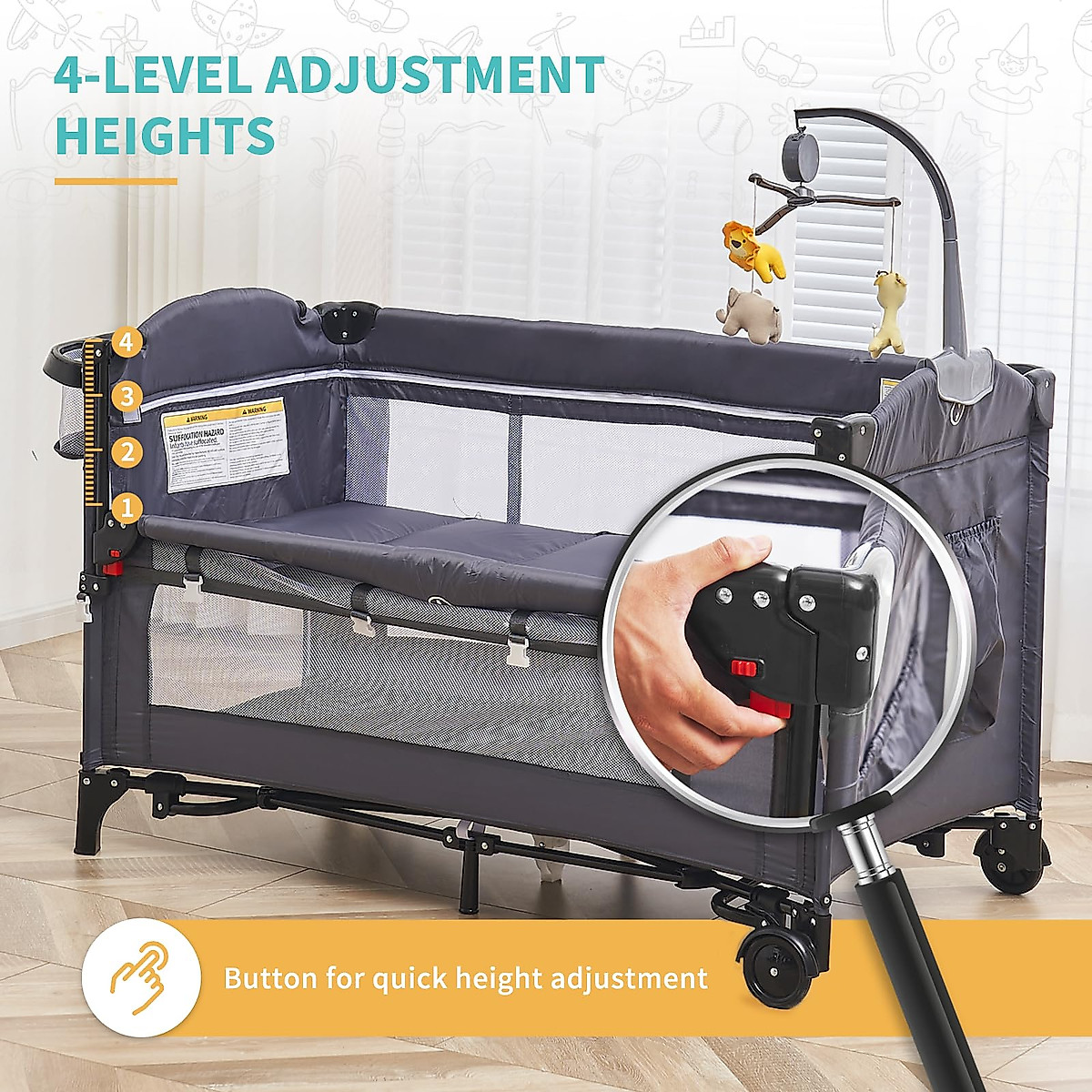 MOOITZ Baby Bassinet Bedside Crib, 6-in-1 Pack and Play with Bassinet, 4 Height Adjustable Bedside Crib, Newborn Portable Bassinet with Wheels, U-Shaped Diaper Table, Music Box & Hanging Toys