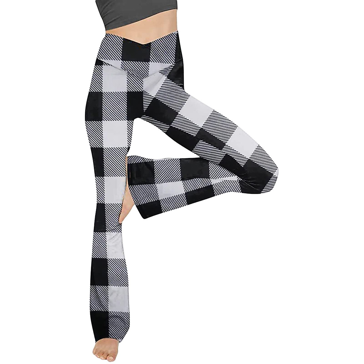 High Waisted Pants for Women 4 Way Stretch Comfy Non-See-Through Bootcut Yoga Plaid Printed Dress Pants Sweat Pants