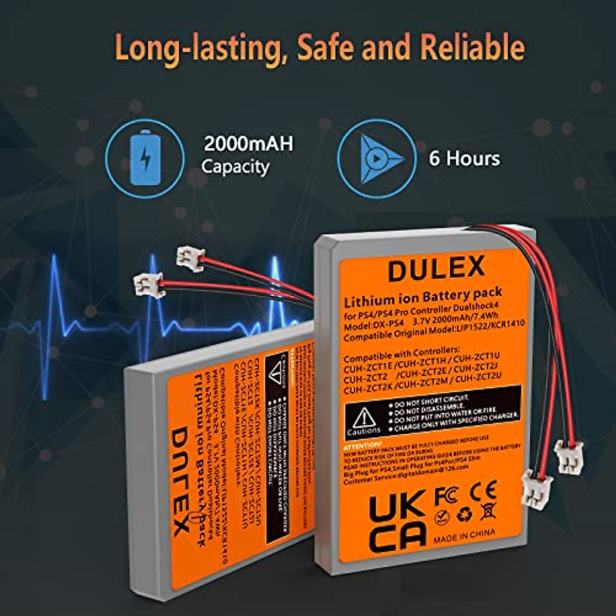 DULEX 3.7V 2000mAh LIP1522 Replacement Battery with Big and Small Plug for Playstation 4 PS4 Dualshock 4 Wireless Controller (3-Pack), DX-PS4