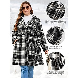 Hanna Nikole Women's Long Double Breasted Trench Coat with Belt Plus Midi Length Black Plaid Overcoat 3X