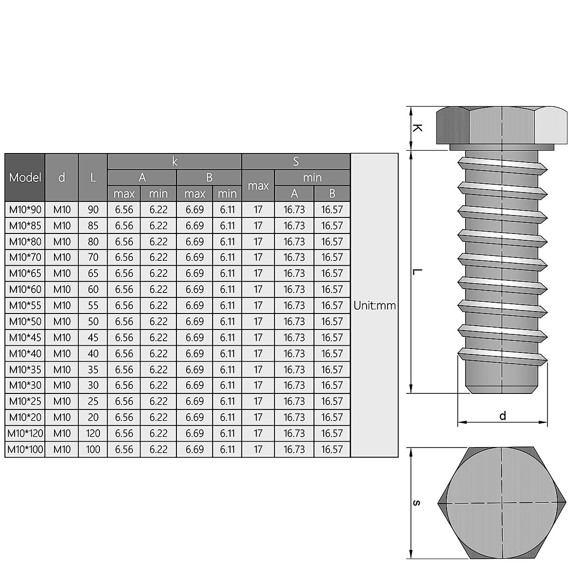 Juvielich M10x60mm Hex Head Screw Bolts 304 Stainless Steel Fully Threaded Hex Tap Bolts Silver Tone 10PCS