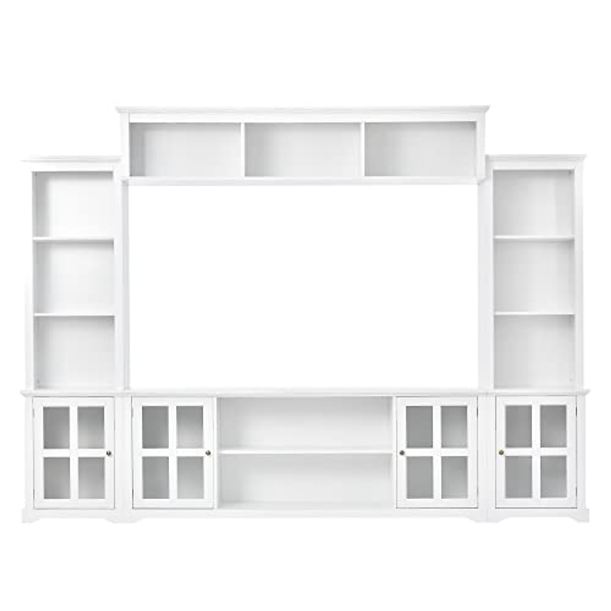 Merax Minimalism Style Entertainment Wall Unit with Bridge, Multifunctional TV Stand with Tempered Glass Door Modern Console Table for Televisions Up to 70”, 104.3 inch Length, White
