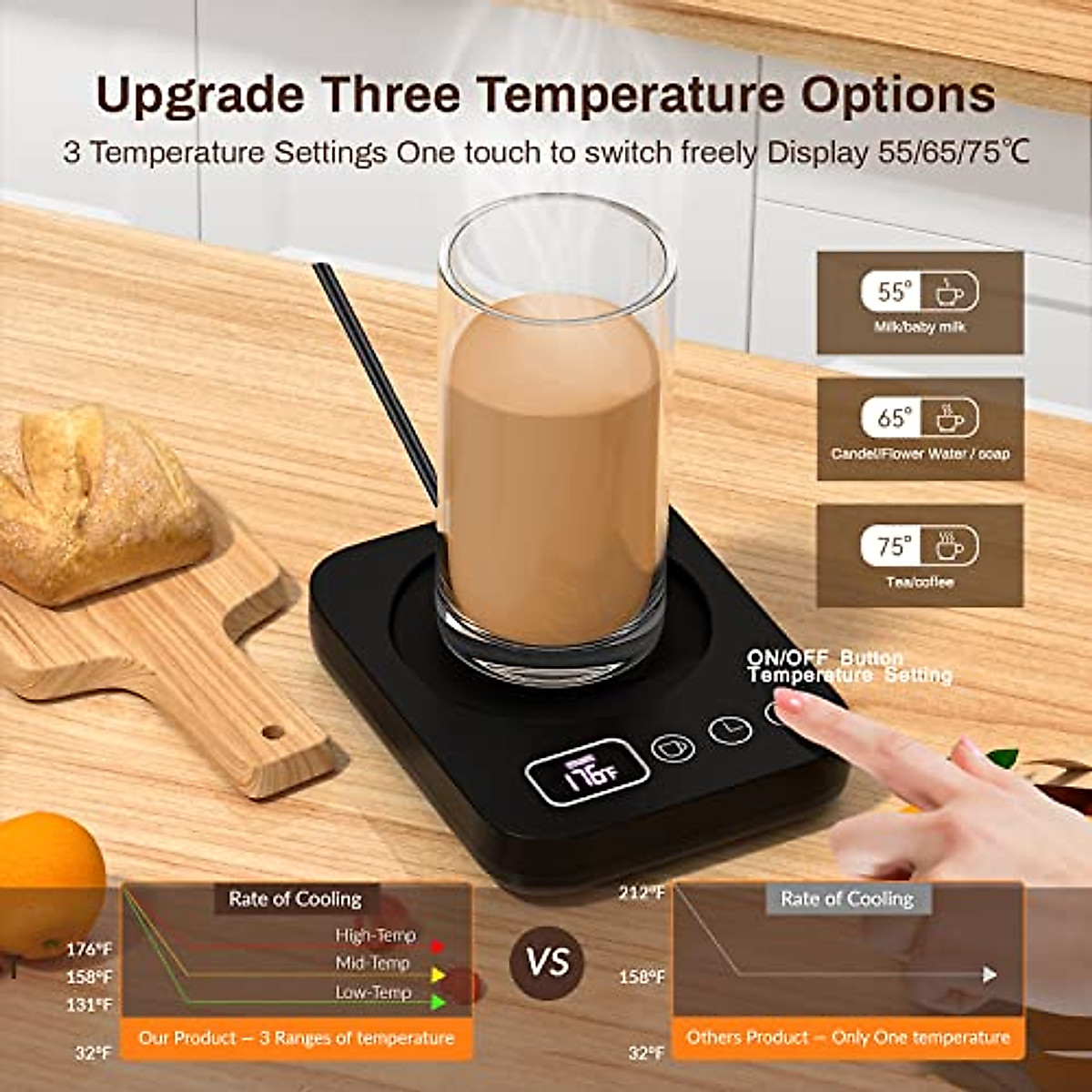 Misby Mug Warmer, Upgrade Coffee Warmer for Desk with 3 Temperature Settings, Fast Heating Cup Warmer 12 Timer, 4H Auto Shut Off, Gravity Sensor, Keep Best Temp for Tea,Beverage,Milk -Black