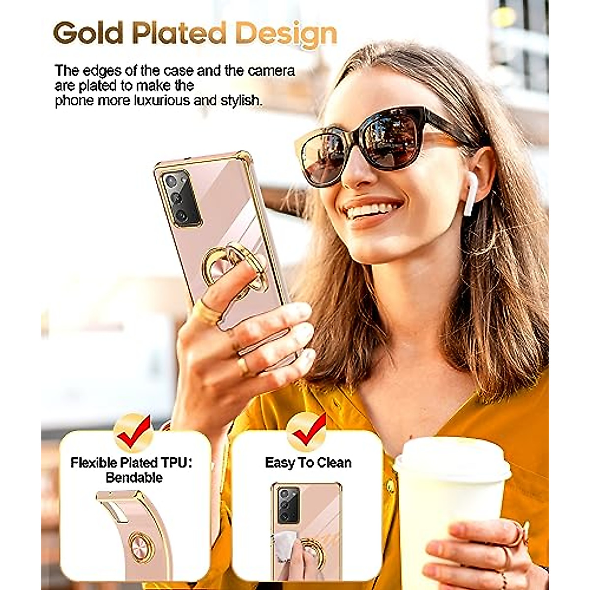 LeYi for Galaxy Note 20 Case: 360° Rotatable Ring Holder Magnetic Kickstand, Plating Rose Gold Edge Protective Samsung Galaxy Note 20 Case, Pink