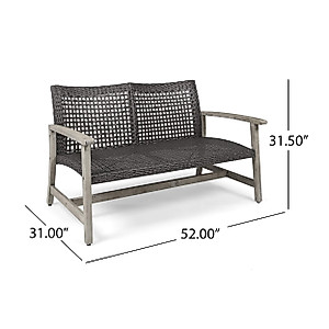 GDFStudio Outdoor Wood and Wicker Loveseat, Light Gray Finish with Mix Black Wicker