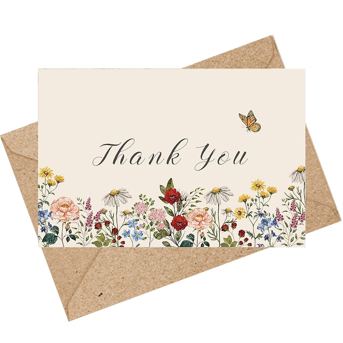 ChicRosa 24 Pack Wildflower Thank You Cards Bulk Vintage Flower Greeting Cards with Kraft Envelope Sticker Retro Floral Blank Note Cards for Birthday Wedding Baby Shower Bridal Shower, 4 x 6 Inch
