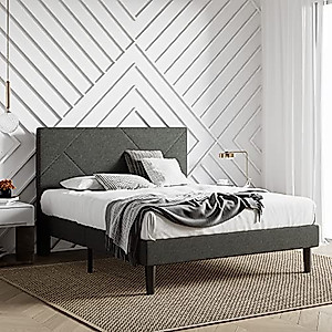 IMUsee Full Size Bed Frame, Upholstered Bed Frame with Geometric Headboard, Heavy Duty Mattress Foundation with Wooden Slats, Easy Assembly, Dark Grey