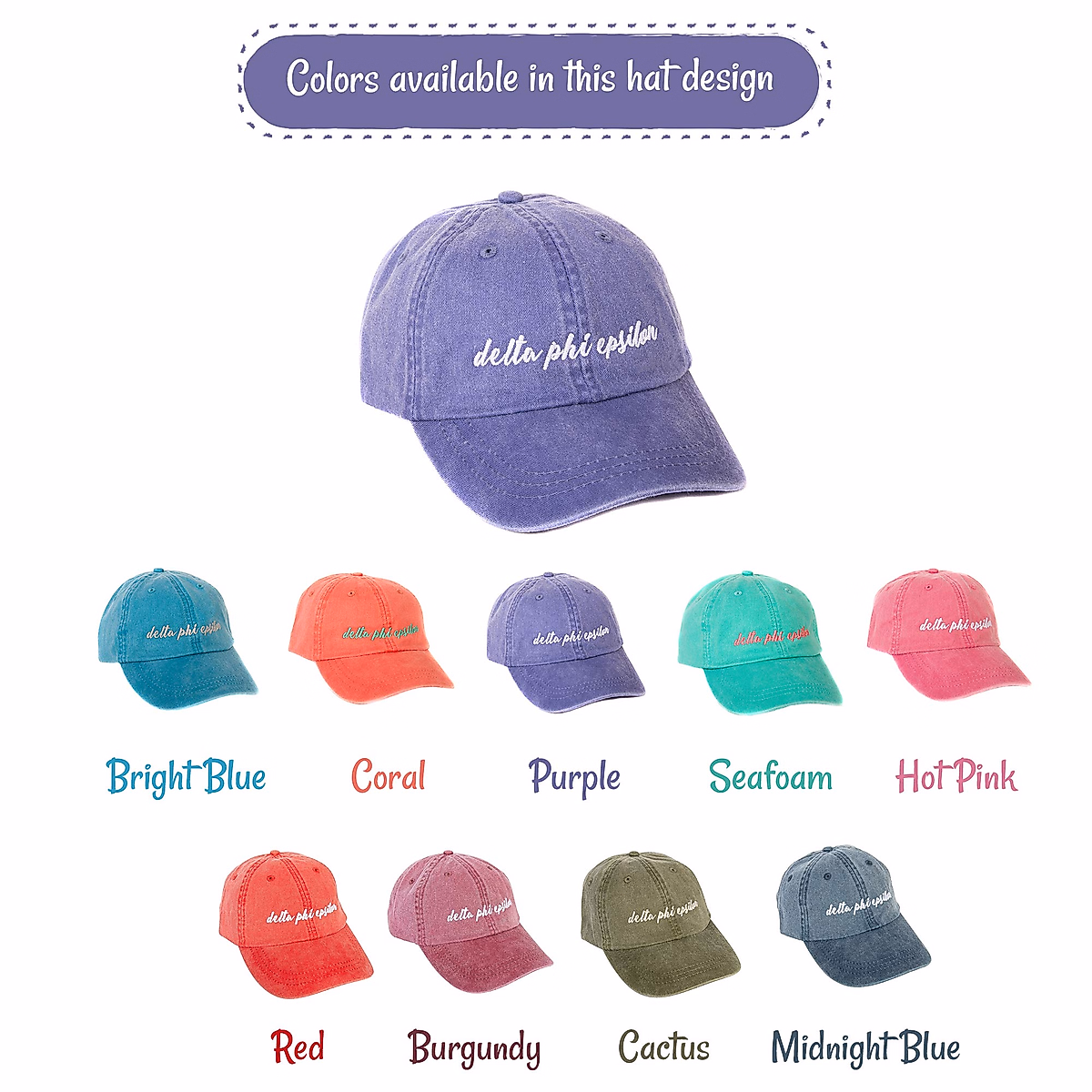 Desert Cactus Delta Phi Epsilon Baseball Hat (N) Sorority Cap Cursive Name Font (Purple - N)