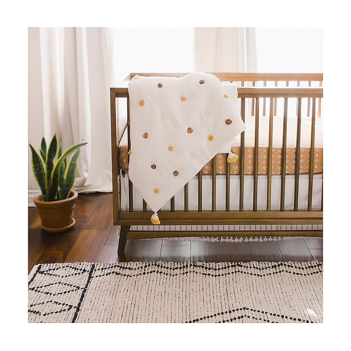 Crane Baby Blanket, Soft Cotton Pom Pom Nursery and Toddler Blanket for Boys and Girls, Cream, 36” x 36”