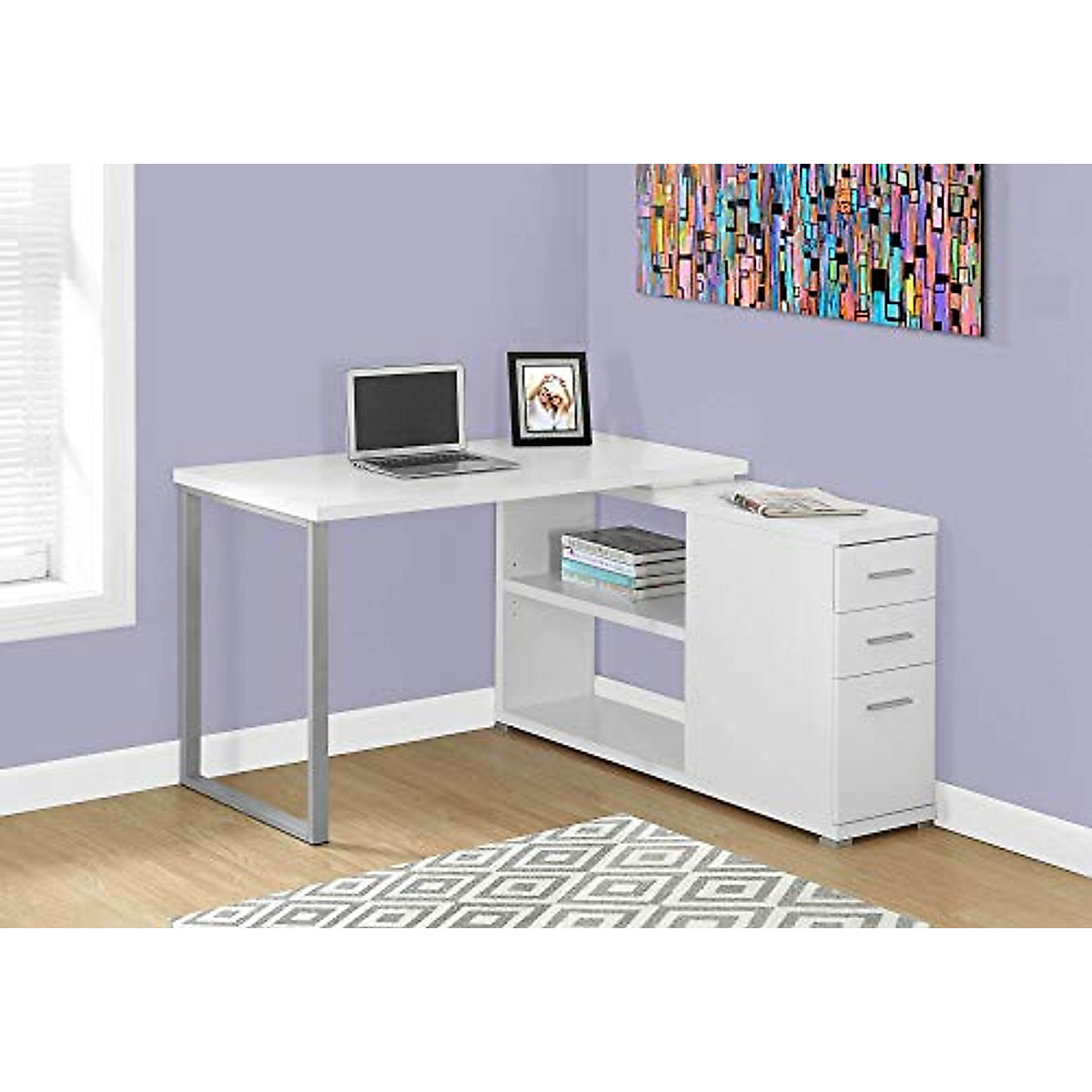 Monarch Specialties Computer L-Shaped-Left or Right Set Up-Contemporary Style Corner Desk with Open Shelves and Drawers, 48" L, White