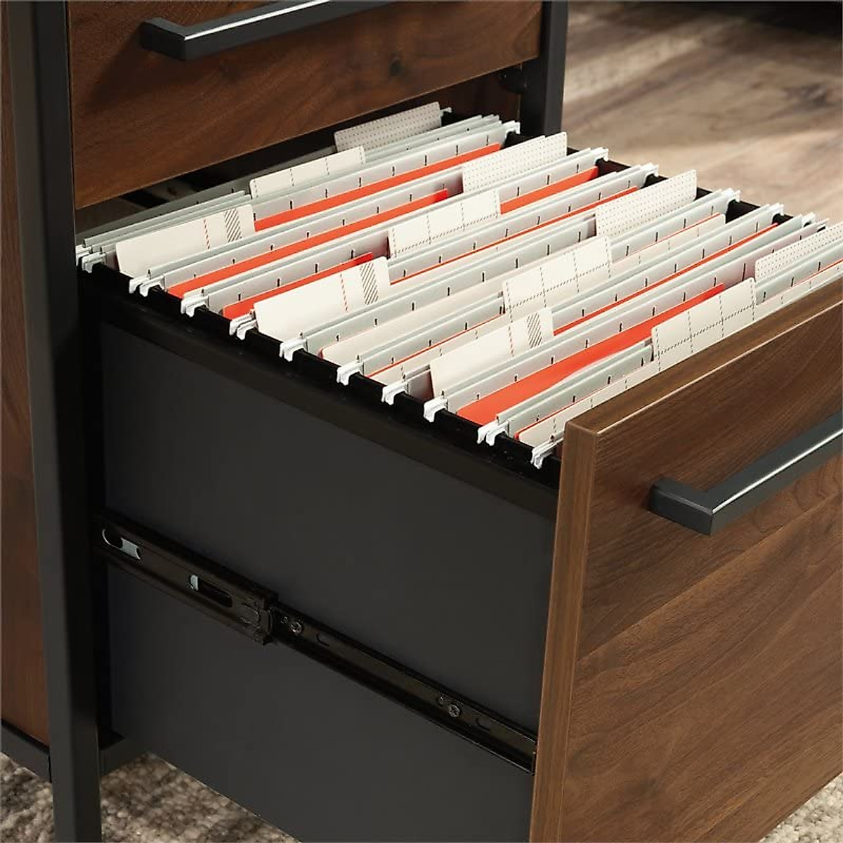 Sauder Nova Loft Home Office Desk with Drawers and Open Shelf, Grand Walnut Finish