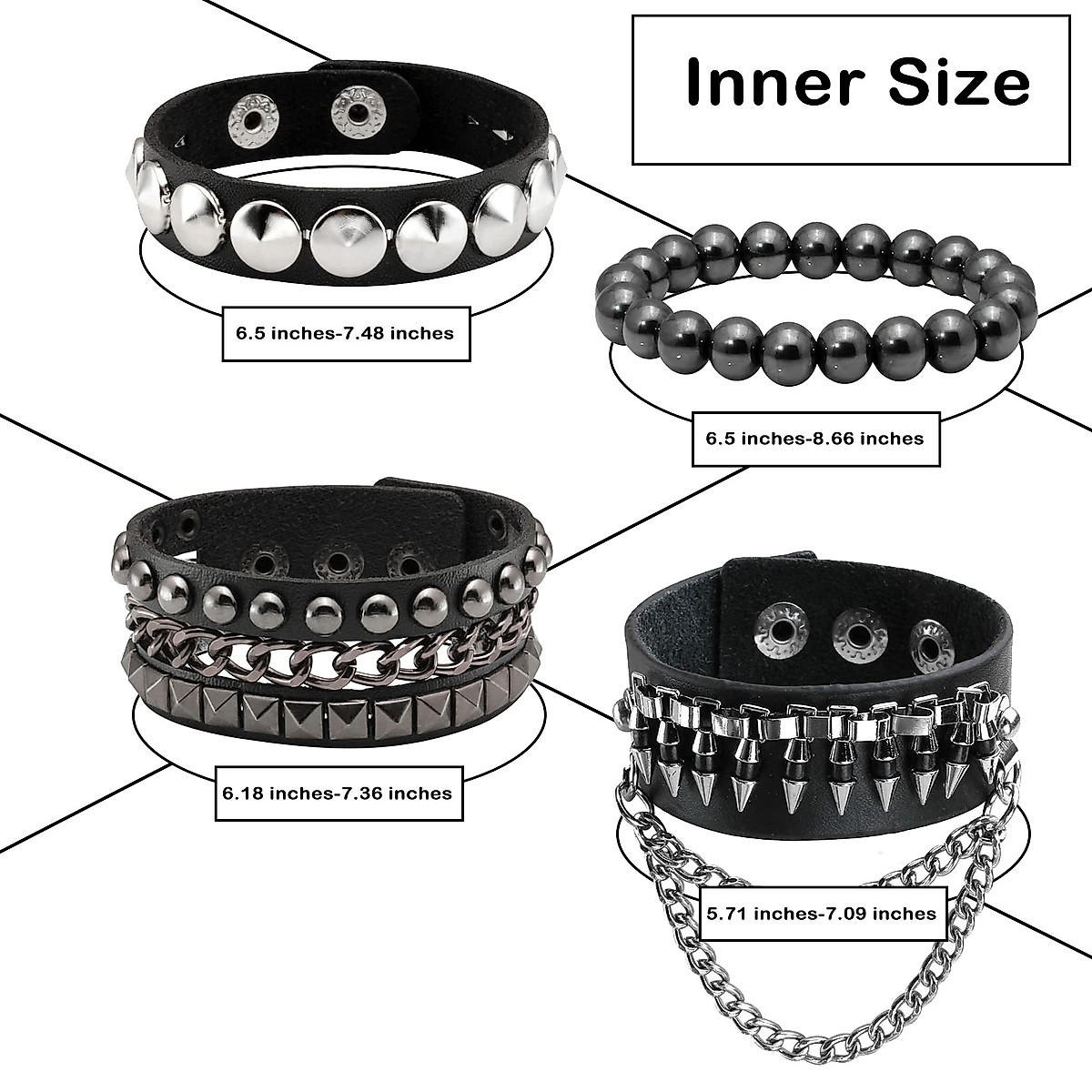 Eigso Punk Leather Cuff Bracelets for Men Women 80s Retro Hematite Rock Spikes Metal Cuff Wristband Set Adjustable for Man Woman