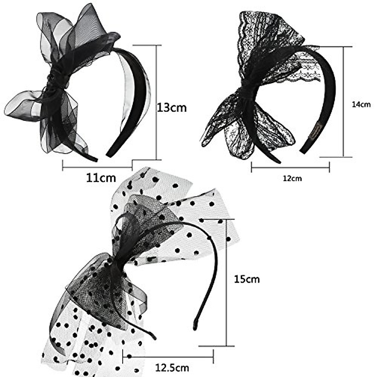 Hicarer 3 Pieces 80's Black Lace Headband with Bow 80s Theme Costumes Party Accessories Neon Lace Bow Headband for Women(Black)