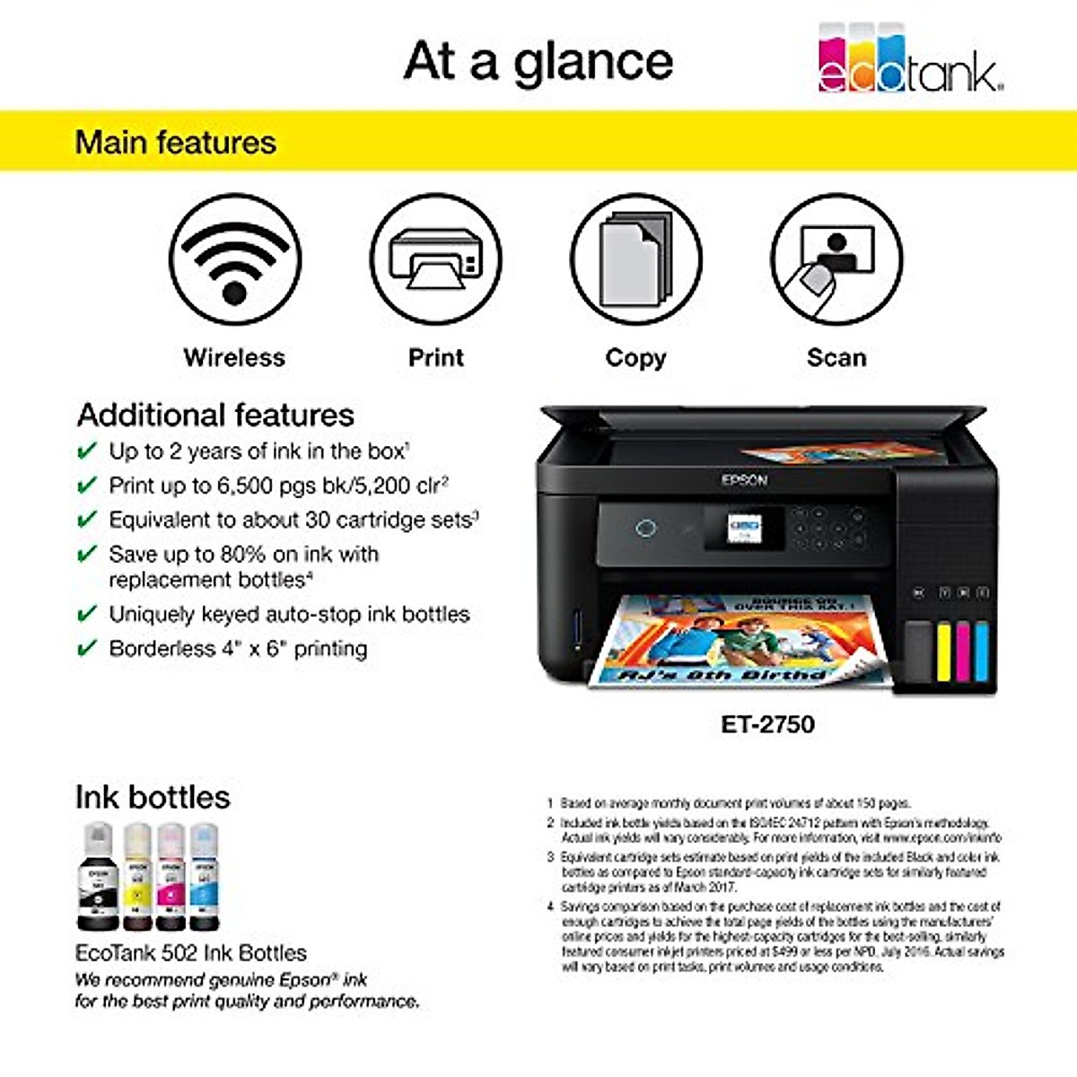 Epson EcoTank ET-2750 Wireless Color All-in-One Cartridge-Free Supertank Printer with Scanner, Copier and Ethernet, Regular