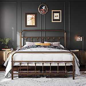 Topeakmart Full Size Victorian Style Metal Bed Frame with Headboard/Mattress Foundation/No Box Spring Needed/Under Bed Storage/Strong Slat Support Bronze