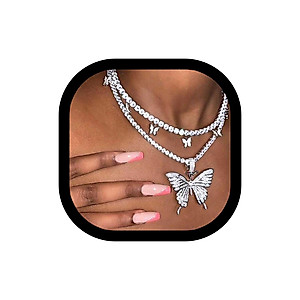 Zoestar Butterfly Choker Necklace Gorgeous 2 Layered Crystal Pendant Necklaces Sparkly Butterfly Chain Jewelry for Women