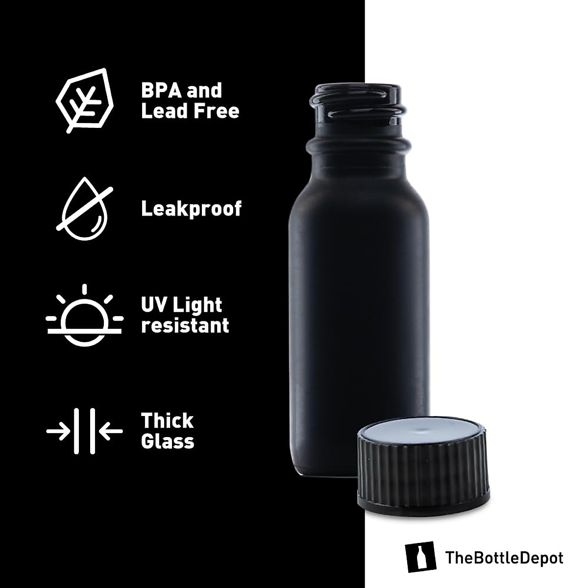 The Bottle Depot - 24 Pack - 0.5 oz Glass Bottle With Cap - Black Frosted - 18-400 Neck Finish - Boston Round Bottles - UV Rays Protection