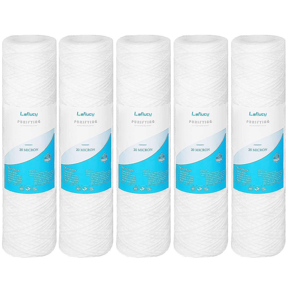 Lafiucy 20 Micron 10" x 2.5" String Wound Sediment Water Filter Cartridge,5 Pack,Whole House Sediment Filtration, Universal Replacement for Most 10 inch RO Unit