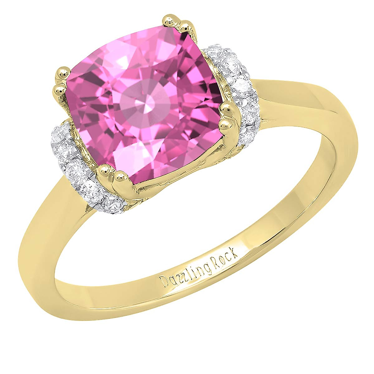 Dazzlingrock Collection 18K 8 MM Cushion Lab Created Ruby And Round Diamond Women Ring, Yellow Gold, Size 7.5