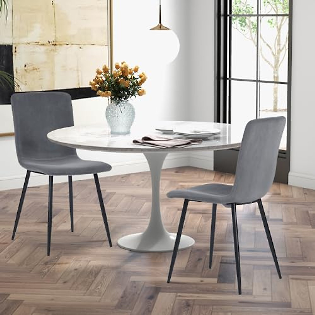 FurnitureR Scandinavian Dining Chairs Set of 4, Comfy Side Chair with Velvet Seat Sturdy Metal Legs for Kitchen Living Bedroom, Charcoal