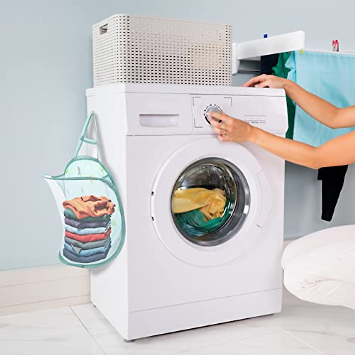 DOITOOL Collapsible Laundry Baskets Hanging Laundry Hamper, Cute Cartoon Pattern Foldable - up Mesh Hamper Dirty Clothes Basket with Carry Handles, Bathrom Dirty Clothes Hamper Green Rv Storage