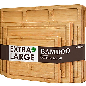 Bamboo Cutting Boards for Kitchen, (Set of 3) Kitchen Chopping Board with 3 Built-In Compartments and Juice Groove Heavy Duty Serving Tray Wood Butcher Block and Wooden Carving Board, Kikcoin