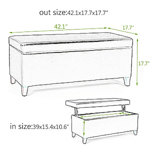 Adeco 42 Inch Storage Ottoman Bench for Livingroom Bedroom End of Bed, Upholstered Rectangular Faux Leather Storage Bench with Solid Wood Legs and Safety Hinge Hold Up to 350lbs (Lift up Brown)