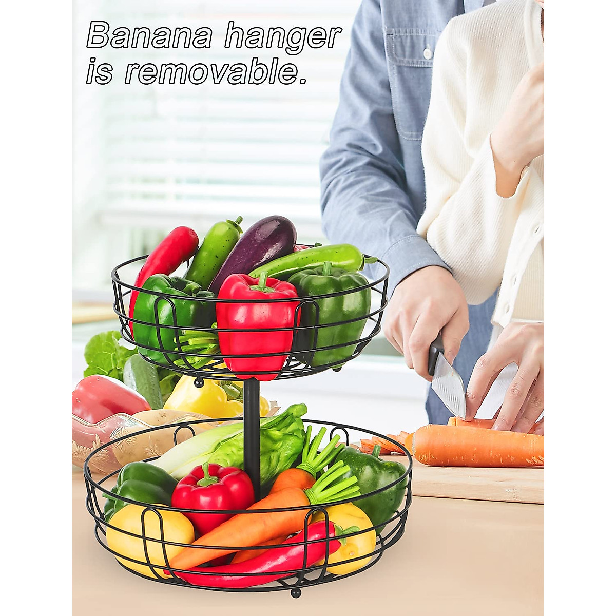 Bextcok 2 Tier Fruit Basket, Vegetables Fruit Bowl Storage with Banana Holder Hanger Hook Stand Organizer for Kitchen Countertop Counter, Black