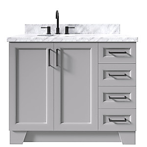 ARIEL 43" Grey Bathroom Vanity with 1.5" Edge Italian Carrara Marble Countertop & Backsplash, Left Oval Sink, 2 Soft Closing Doors, 5 Full Extension Dovetail Drawers, Toe Kick, Matte Black