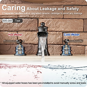 HOIGY Oil Rubbed Bronze Bathroom Faucet, Brass Waterfall Faucet Widespread Bathroom Sink Faucet 3 Hole, 4-16 Inch Bathroom Faucets with Pop Up Drain 2 Handle & Supply Hose for Hotel Farmhouse Antique