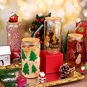 4Pcs Christmas Glass Cups, 16oz Christmas Mason Jars with Lid and Straw Christmas Tumbler Drinking Glasses Coffee Cups Jar Decor Glassware Water Bottles Xmas Home Decorations Gift for Kids Women Men