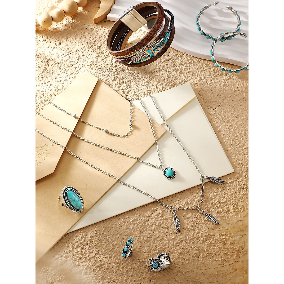 Ecally Bohemian Western Jewelry Turquoise Set Women Bohemian Pendant Long Choker Layered Bracelets Turquoise Earrings Ring(Boho)