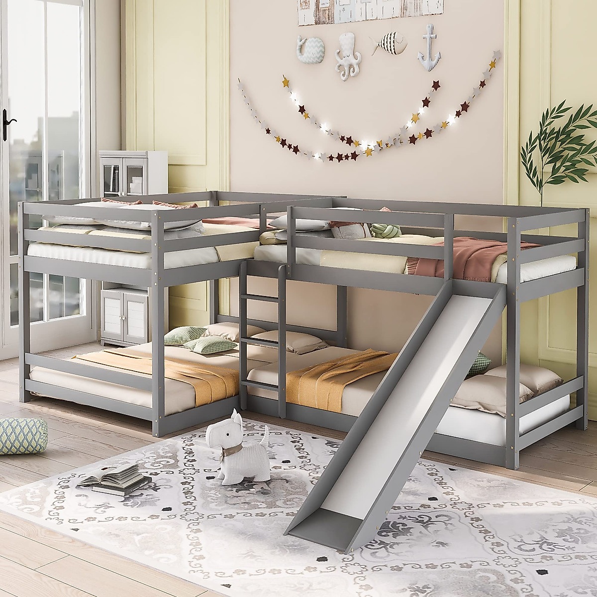 L Shaped Bunk Bed for 4, Wooden Quad Bunk Bed with Slide, Full Over Full Bunk Bed with Twin Over Twin Bunk Bed Attached for Kids Girls Boys - Gray