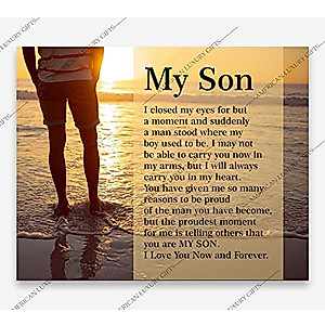 My Son-Love You Forever- Inspirational Family Wall Art, Loving Heartfelt Message With Modern Typographic Beach Sunset Print For Home Decor, Office Decor. Great Wedding-Graduation Gift! Unframed-10x8