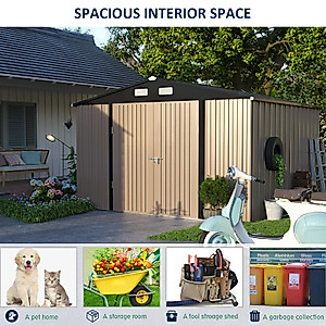 Outdoor Storage Shed, Amopatio Heavy Duty Galvanized Metal Garden Shed Backyard Storage Shed Outside Tool Storage Shed House (10' x 10', Brown)