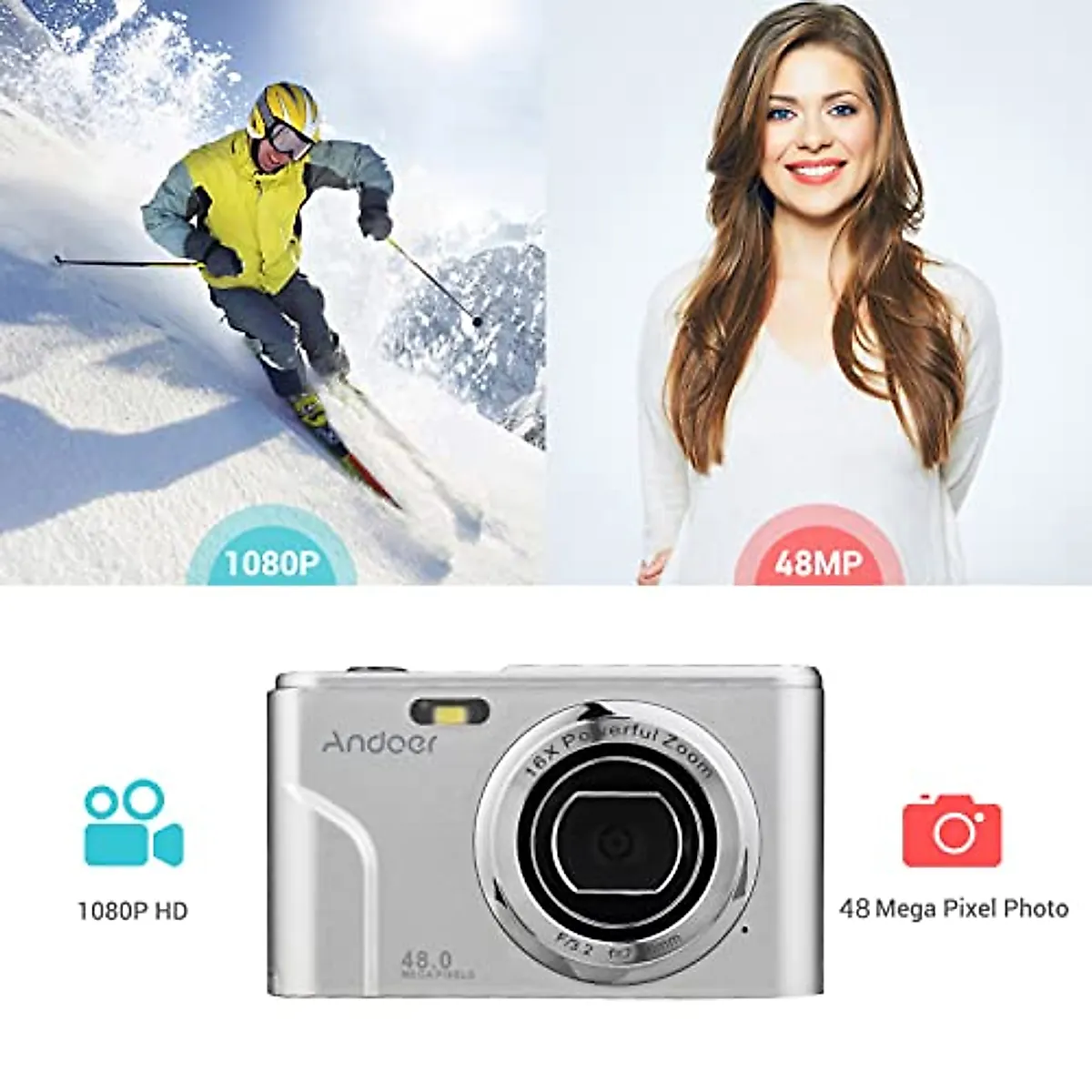 CalmGeek Portable Digital Camera 48MP 1080P 2.4-inch IPS Screen 16X Zoom Auto Focus Self-Timer 128GB Extended Memory Face Detection -Shaking with 2pcs Batteries Hand Strap Carry Pouch