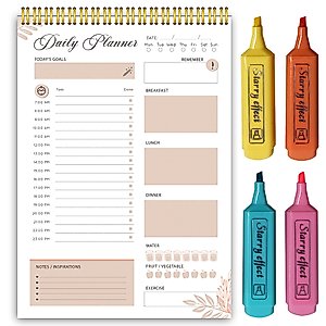 Daily Planner with 4 Office Highlighters, To do List Notebook with Hourly Schedule, Productivity Calendar Exercise, Work Organizer for Man/Women, Daily Journal for Priority Notes, (6.5x9.8")