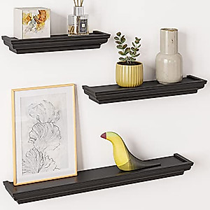 Ballucci Set of 3 Crown Molding Style Floating Wall Shelves, Wooden Ledges for Living Room, Bedroom, Bathroom, Kitchen, Office; 24, 16, 12" - Black