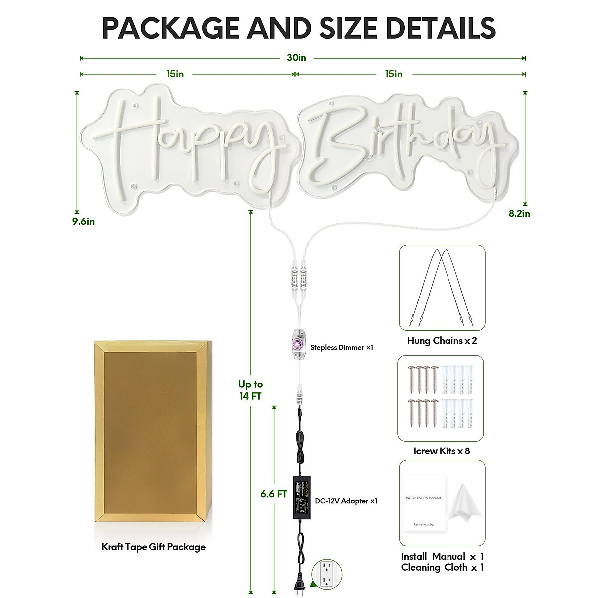 30x8 Inch Happy Birthday LED Neon Sign for Backdrop Decor, Happy Birthday Light Up Sign Adjustable with Stepless Dimmer, 12v Adapter and Hanging Chains for Birthday Party Decoration (Warm White)