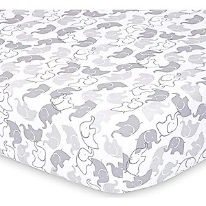 The Peanutshell Fitted Crib Sheet Set for Baby Boys or Girls, Grey Elephants and Stripes, Unisex 2 Pack Set