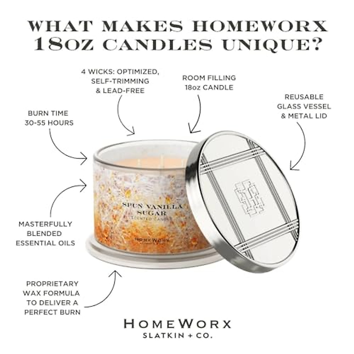 Premium Scented 18oz Candle - HomeWorx by Slatkin & Co - Spun Vanilla Sugar - 4 Wicks - Long-Lasting Jar Candle, 30-55 Hours Clean Burn Time - Vanilla Sugar, Caramel, hint of Citrus