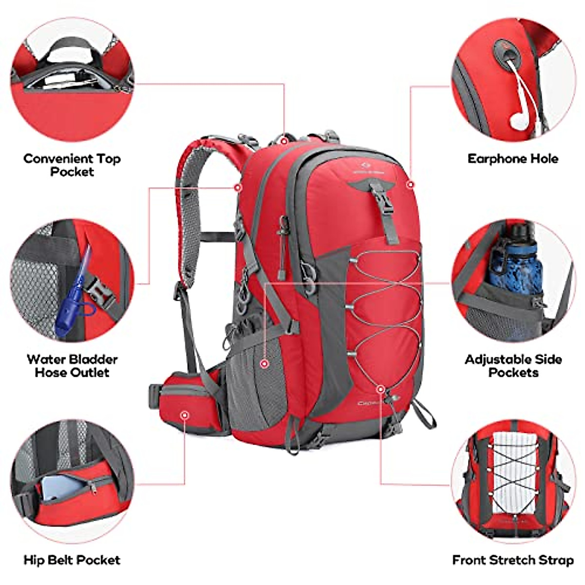 Maelstrom Hiking Backpack,Camping Backpack,40L Waterproof Hiking Daypack with Rain Cover,Lightweight Travel Backpack,Red