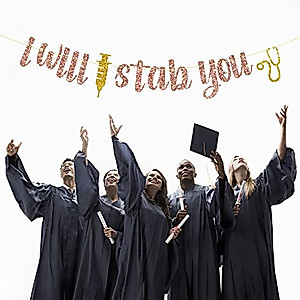 Maicaiffe Rose Gold Glitter I Will Stab You Banner - Medical School Grad Decorations, Nurse / RN Graduation Sign - Nurse Graduation Decorations - Nursing Grad Party Decorations