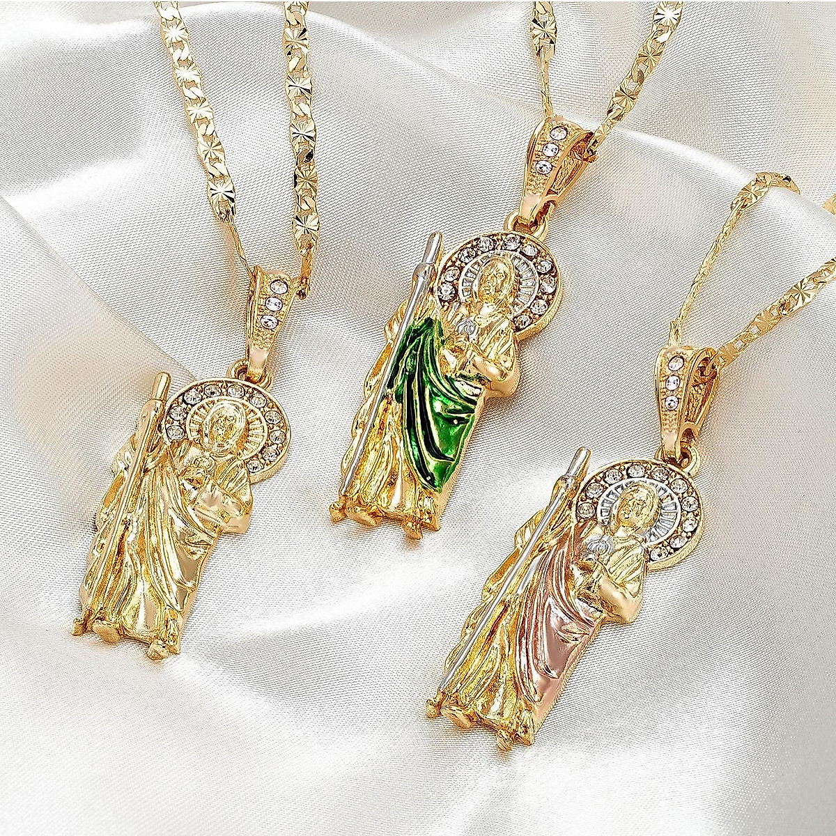 Saint Jude CZ Necklace 14K Gold Plated San Judas Medalla Cadena Oro Laminado San Judas Necklace (22” Inch, Gold)